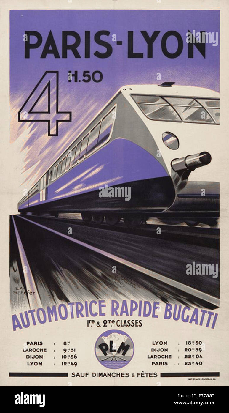 English: Poster of the former PLM railway: Paris-Lyon 4h50 Automotrice ...