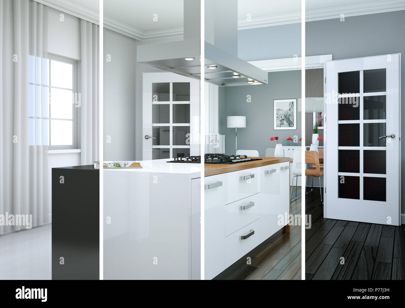 Splitted color variations of a modern kitchen with a beautiful design ...
