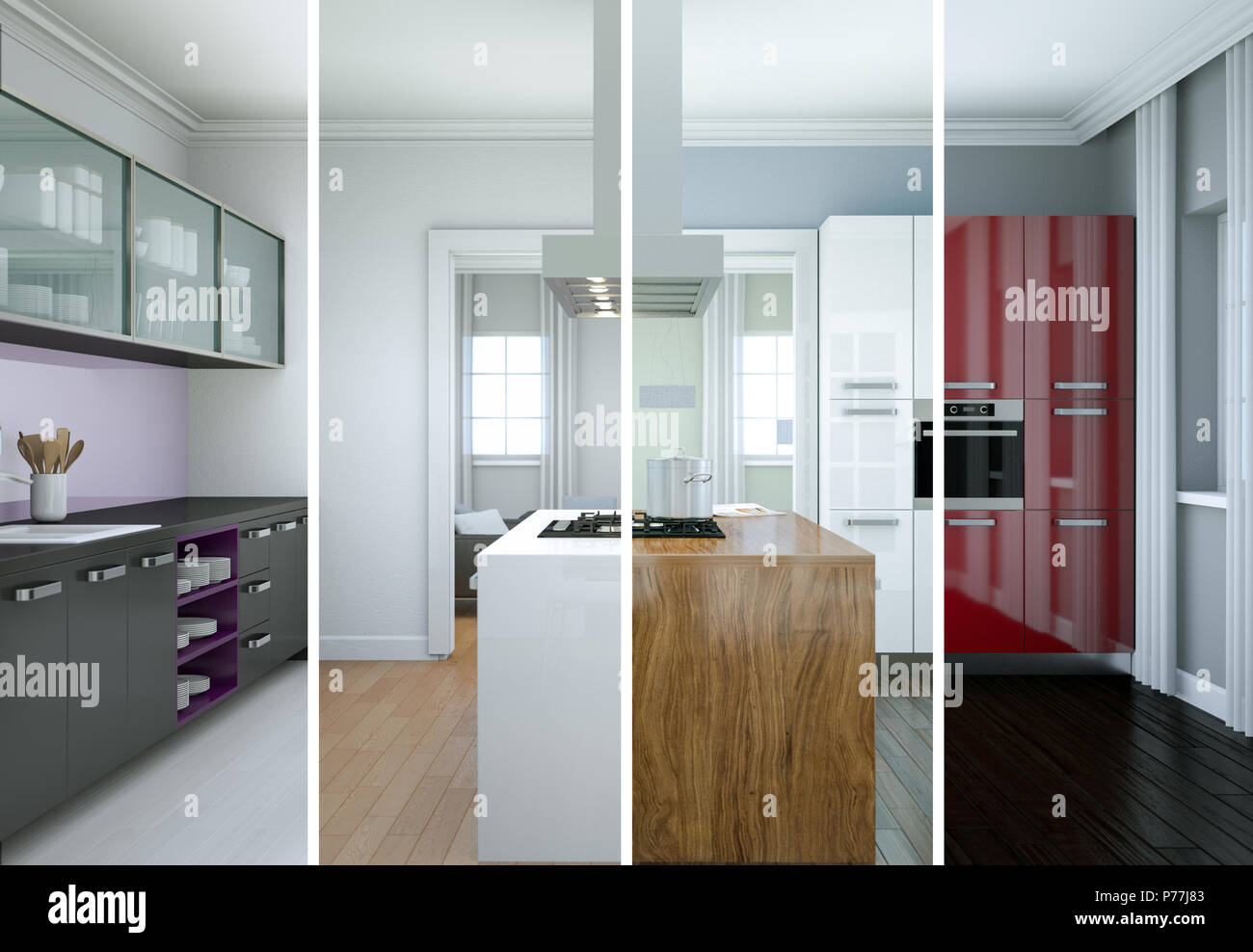 Splitted color variations of a modern kitchen with a beautiful design ...