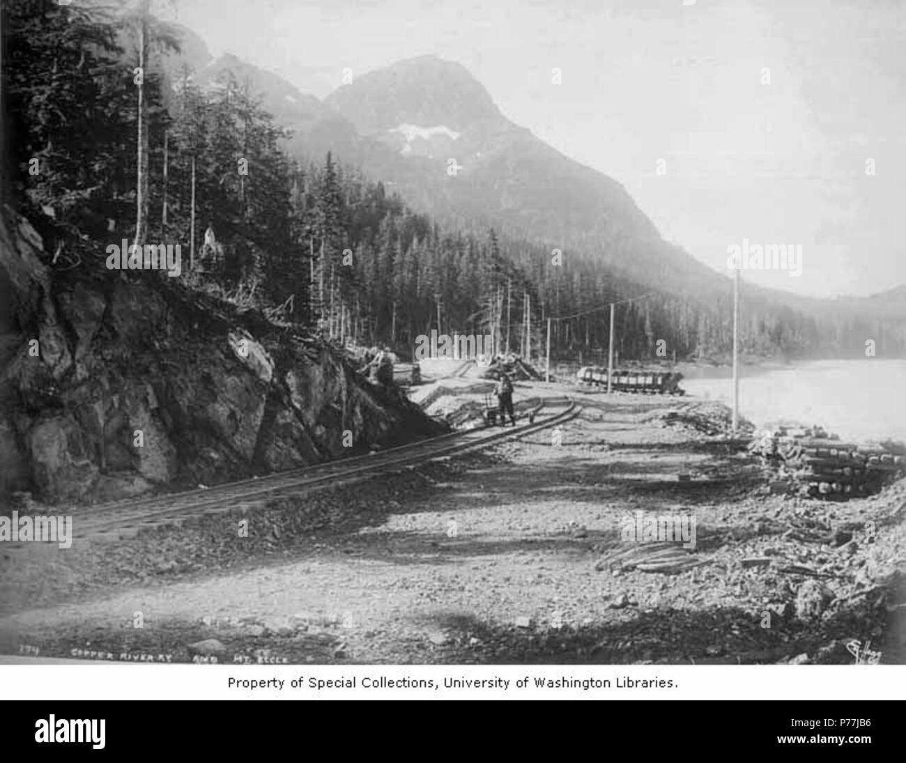 . English: Railroad tracks at Mile 5 in the vicinity of Eyak Lake, 1908 ...