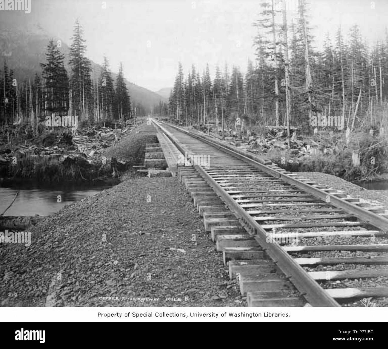 . English: Railroad tracks at Mile 8, vicinity of Eyak, ca. 1908 ...