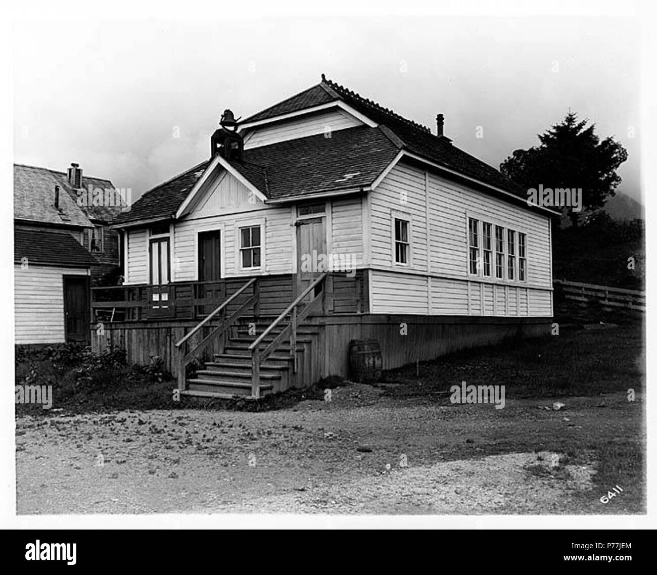 . English: School building with bell, Sitka, ca. 1908 . English ...