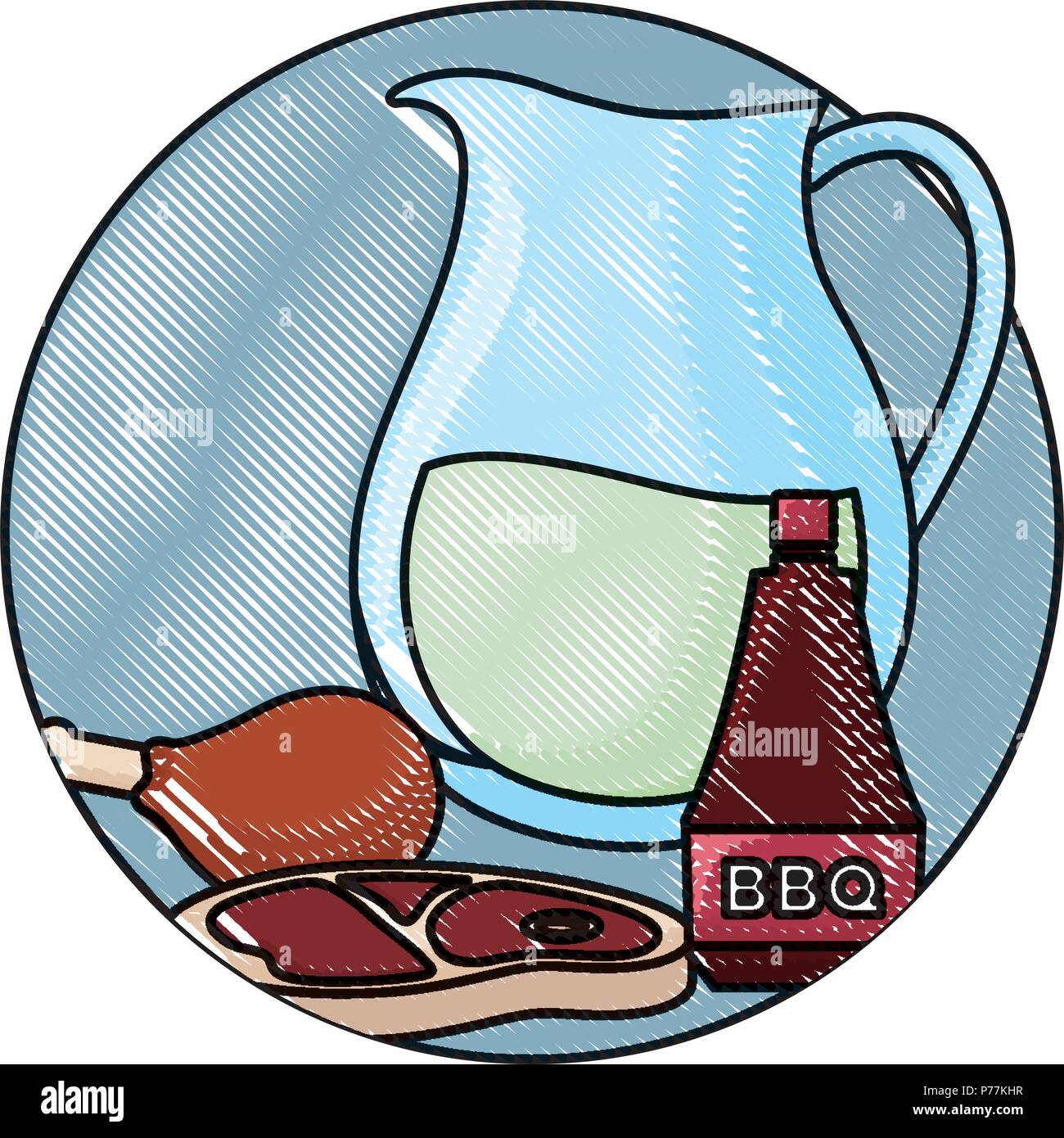 lemonade pitcher with steak meat and bbq sauce over white background ...