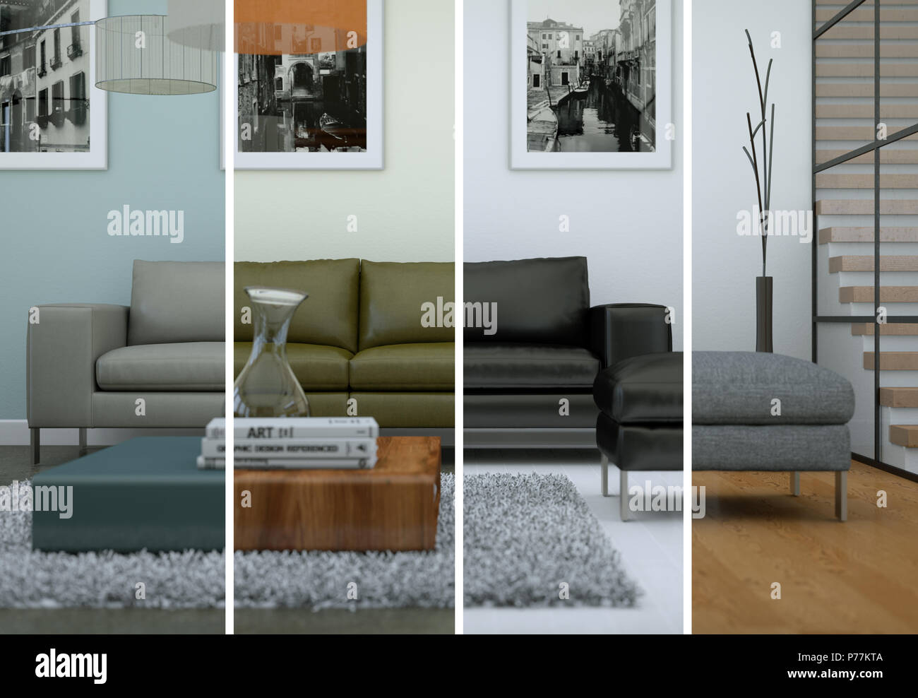 Splitted color variations of a modern loft interior design Stock Photo ...
