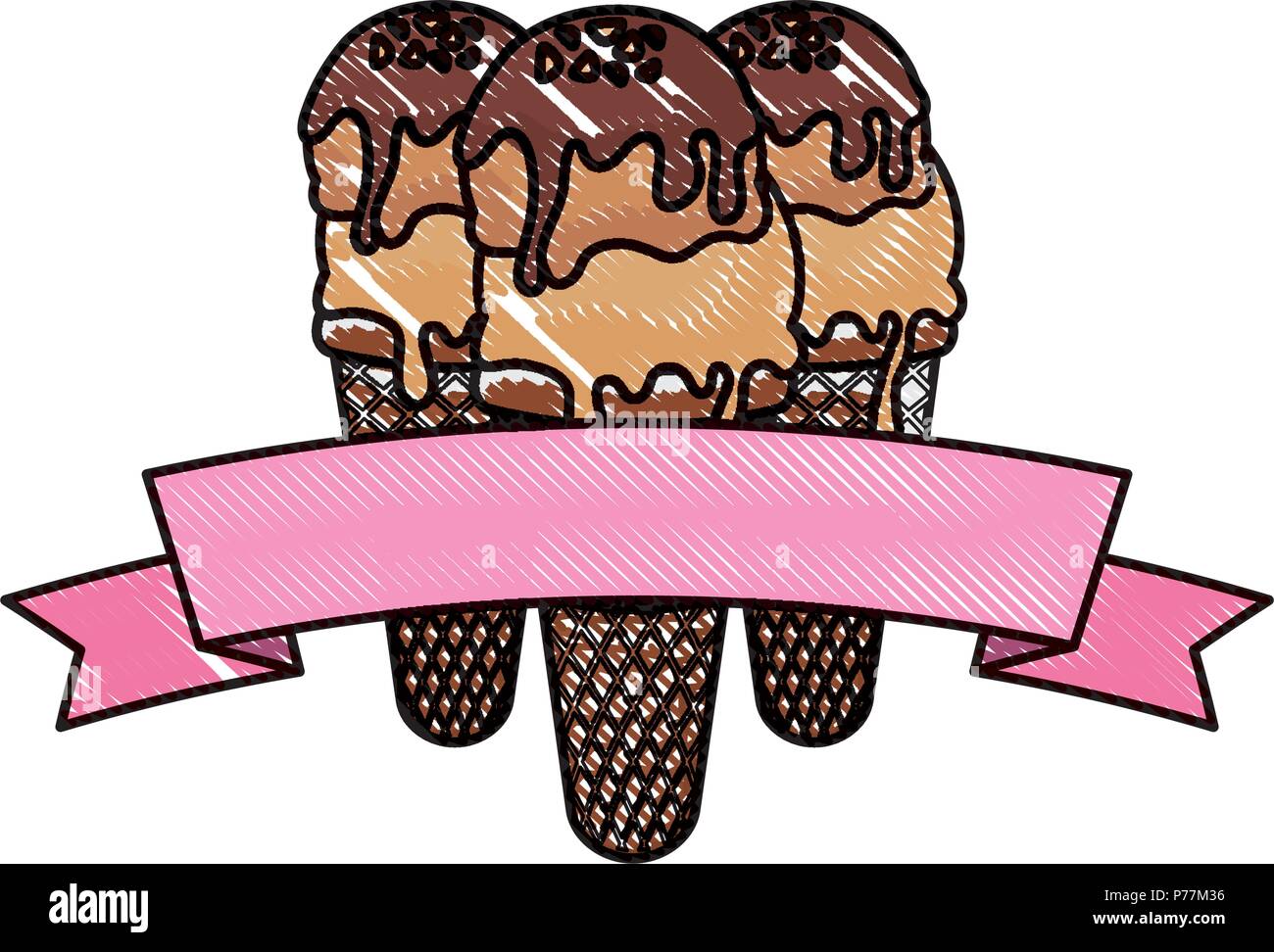 Chocolate ice cream cones and decorative ribbon over white background ...