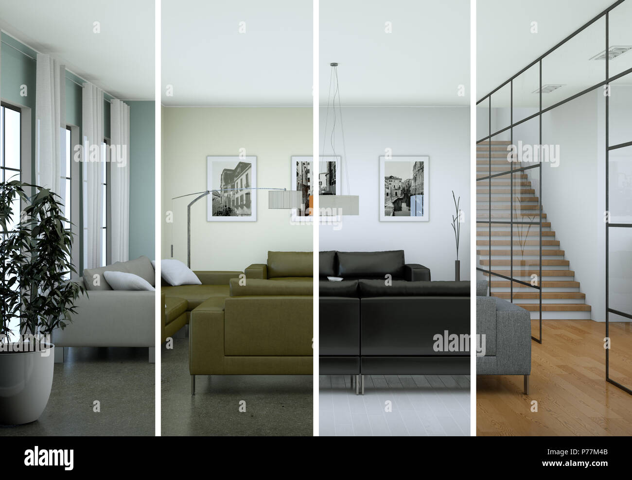 Splitted color variations of a modern loft interior design Stock Photo ...