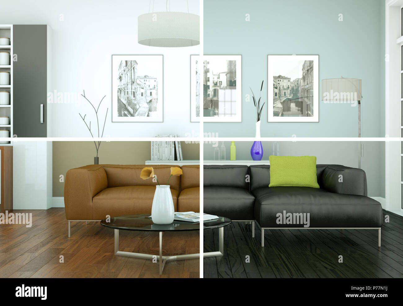 Splitted color variations of a modern loft interior design Stock Photo ...