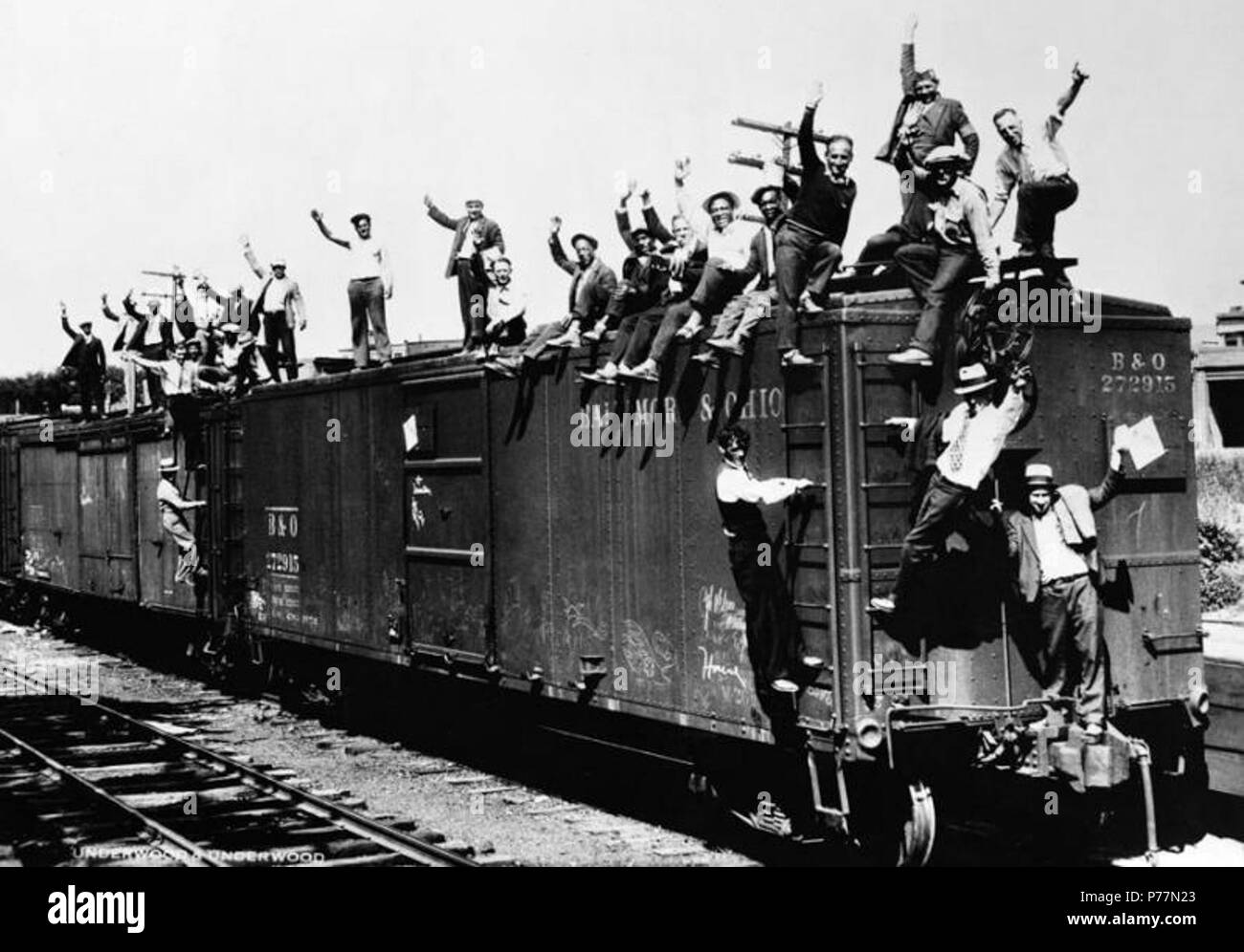 English: Bonus Army vets heading for Washington on the outside of ...