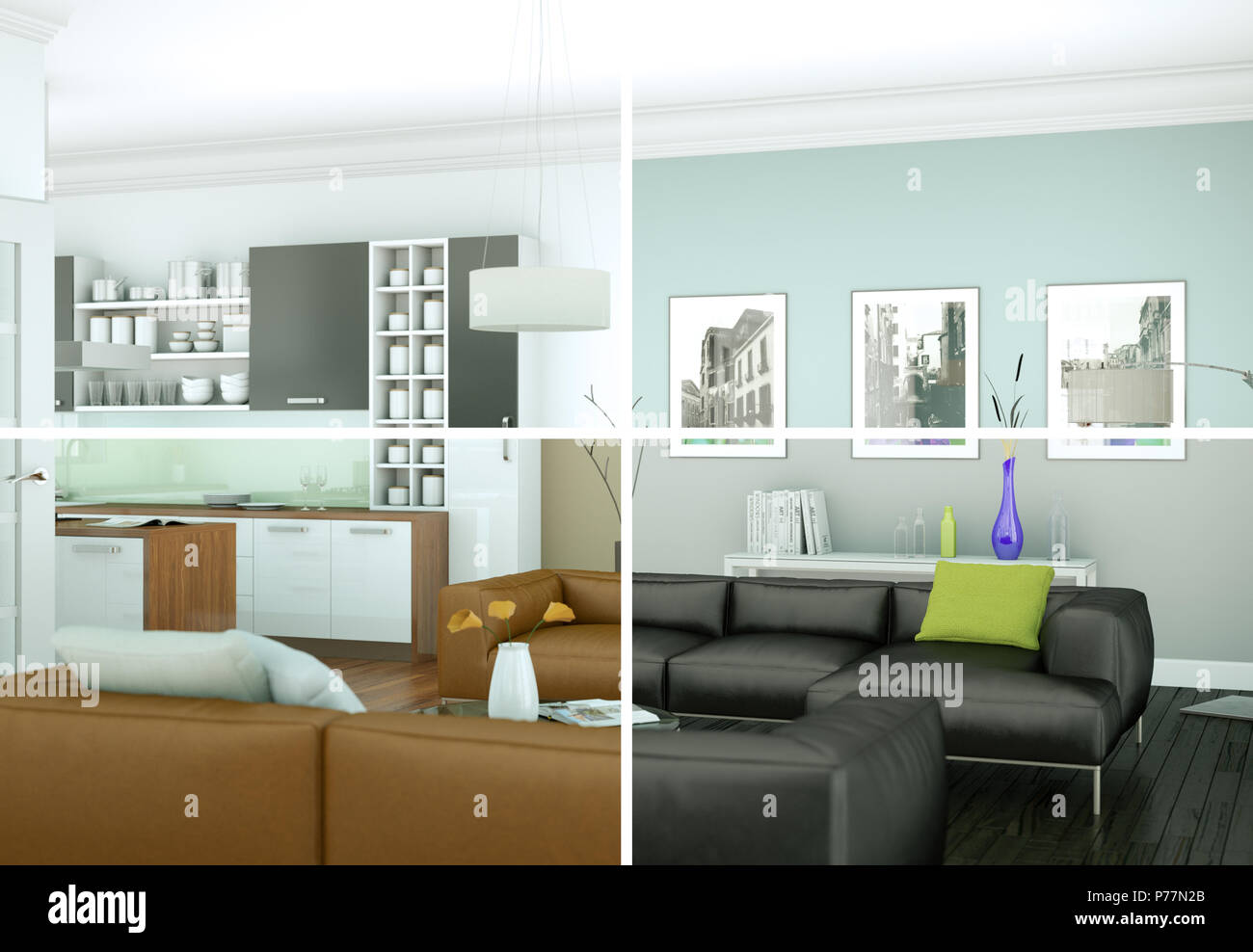Splitted color variations of a modern loft interior design Stock Photo ...