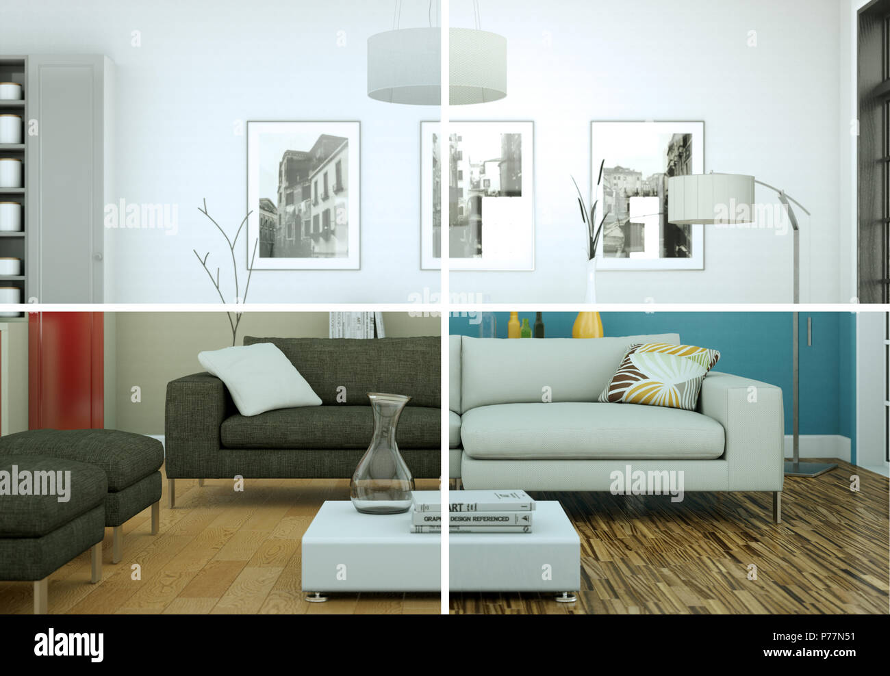 Splitted color variations of a modern loft interior design Stock Photo ...