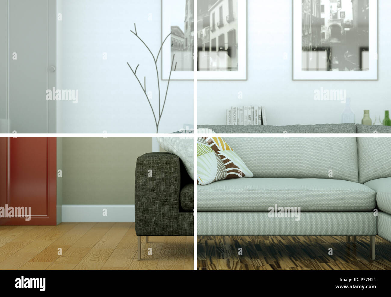 Splitted color variations of a modern loft interior design Stock Photo ...