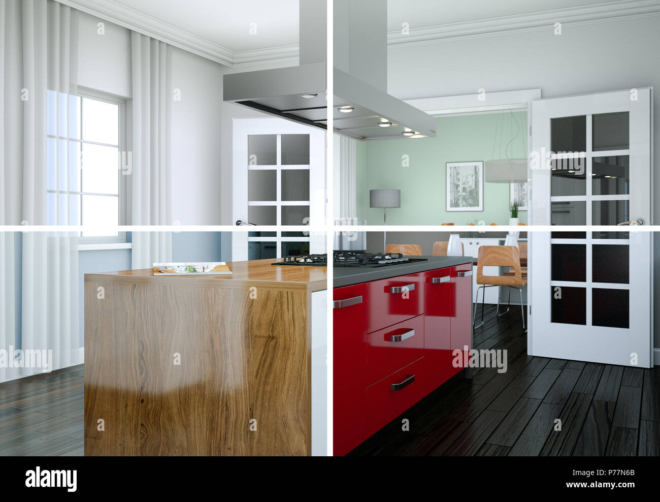 Splitted color variations of a modern kitchen with a beautiful design ...