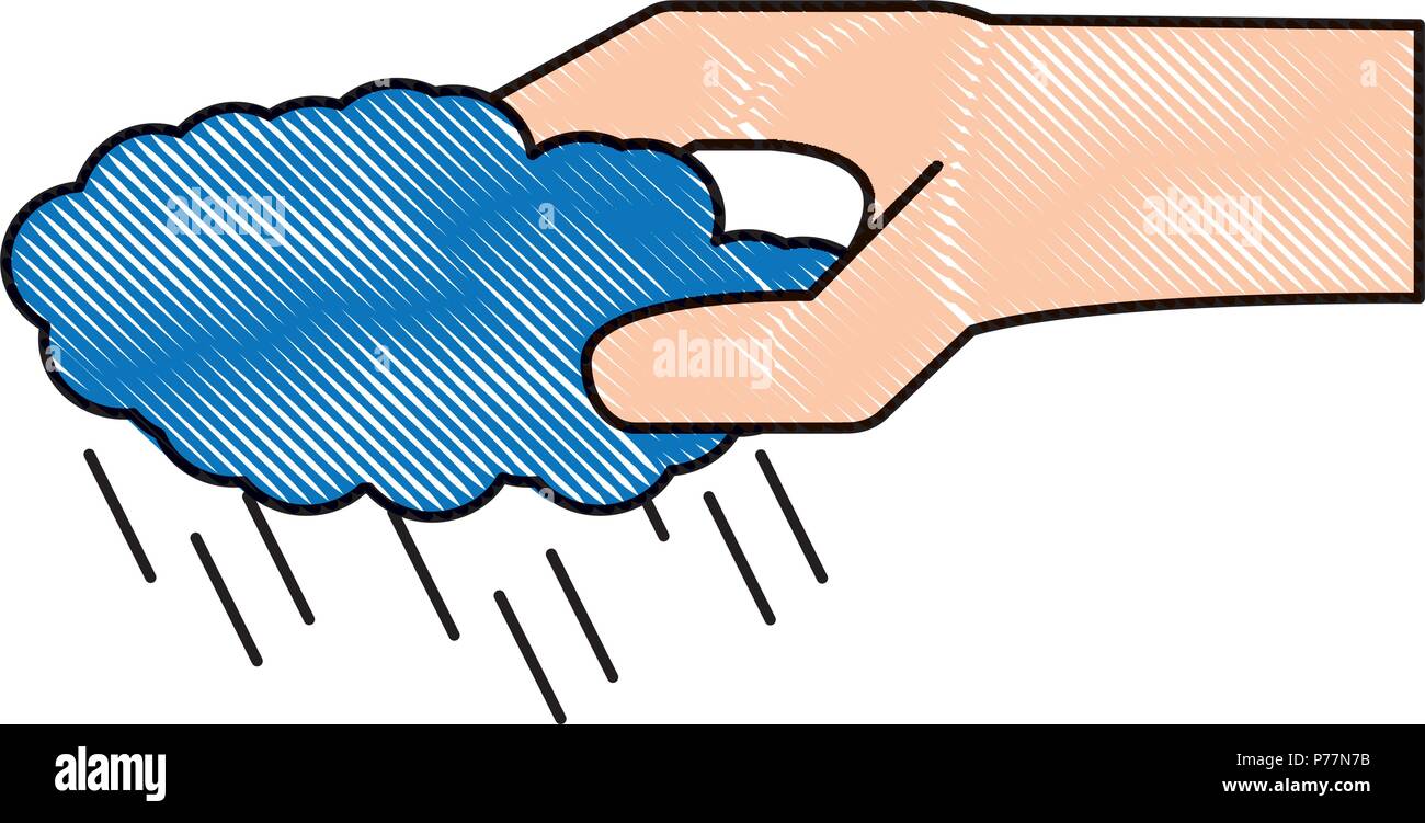 hand holding a cloud with rainy drops over white background, vector ...