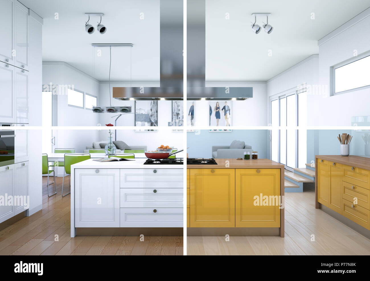 Splitted color variations of a modern kitchen with a beautiful design ...