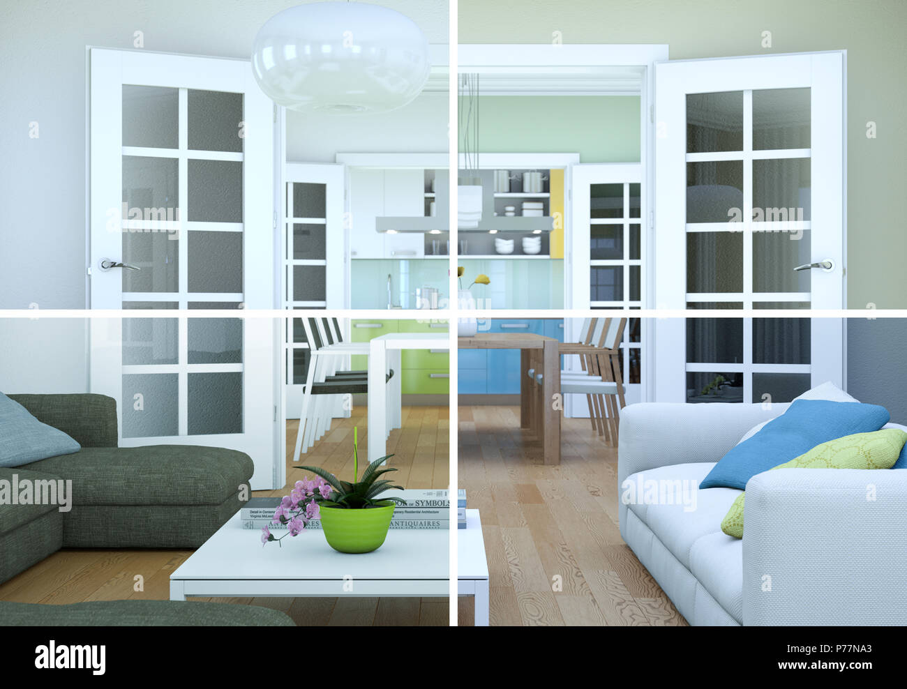 Splitted color variations of a modern loft interior design Stock Photo ...