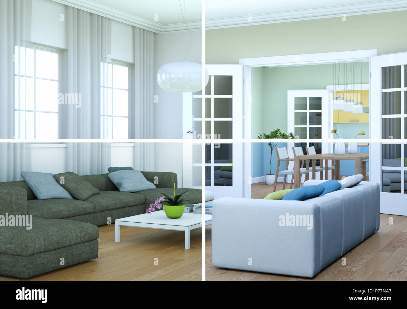 Splitted color variations of a modern loft interior design Stock Photo ...