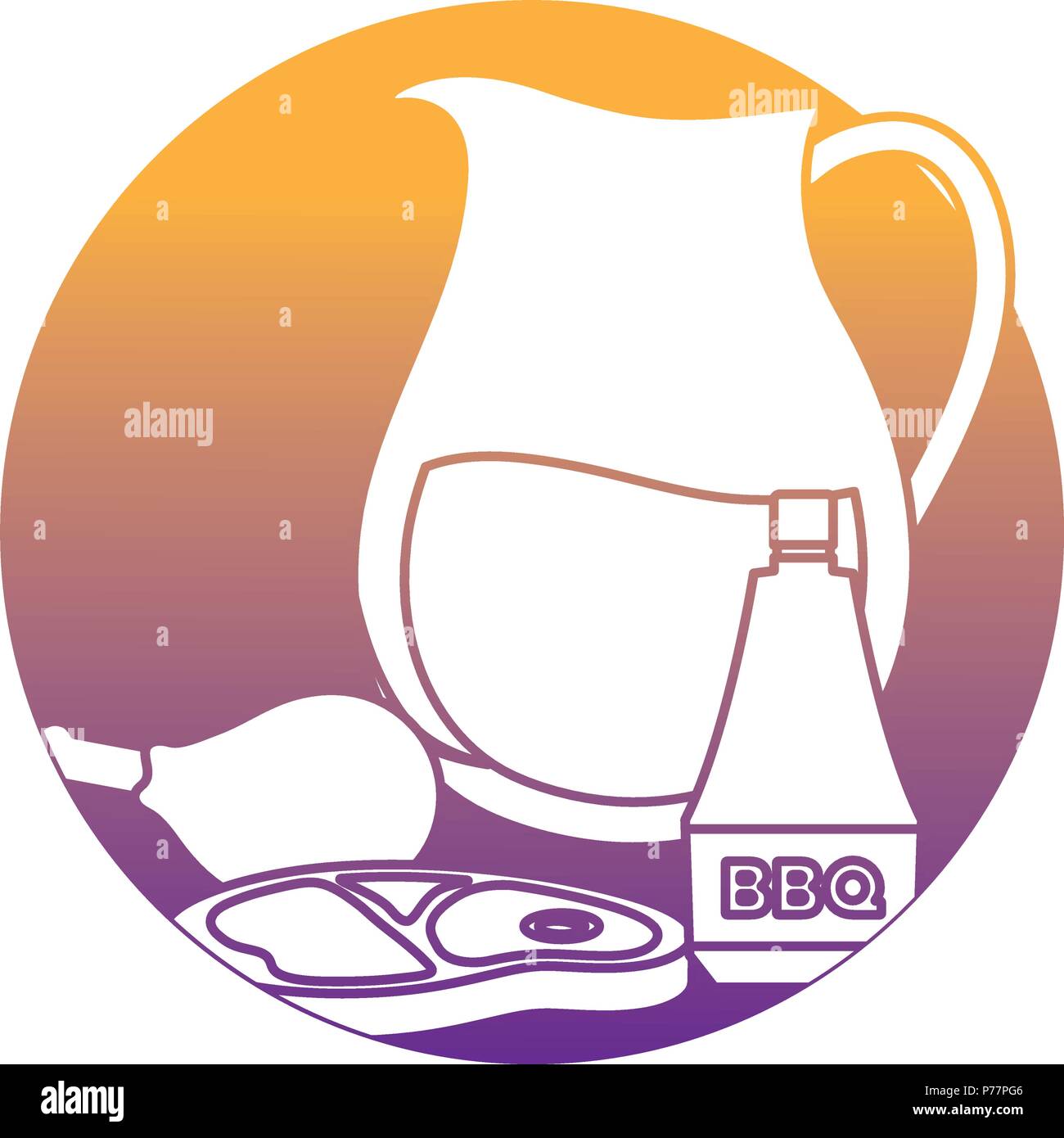 lemonade pitcher with steak meat and bbq sauce over white background ...
