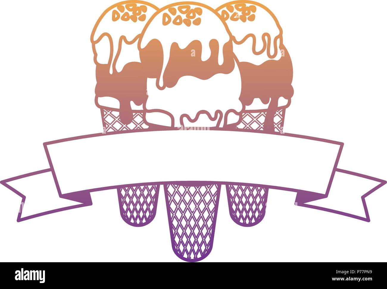 Chocolate ice cream cones and decorative ribbon over white background ...