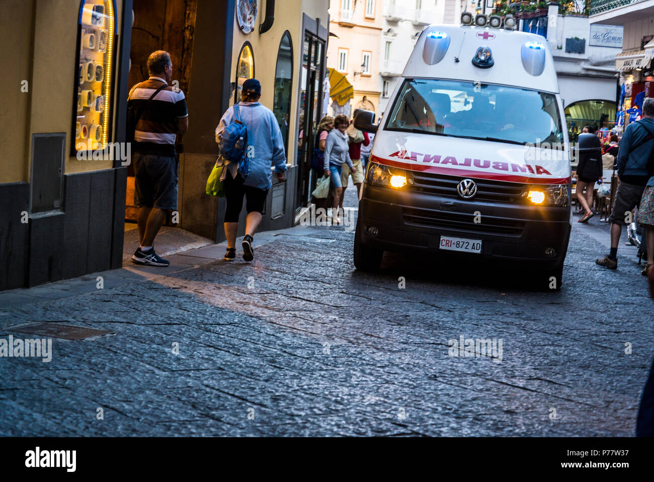 Amalfi town, Ambulance driving through narrow road, Amalfi coast, Italy ...