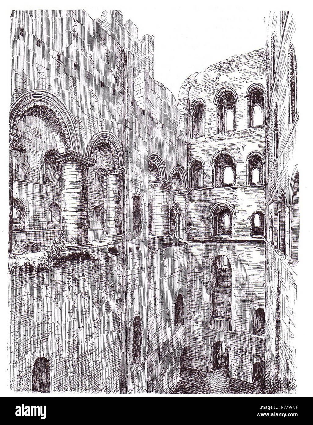 English: A 19th-century drawing of the inside of Rochester Castle's ...