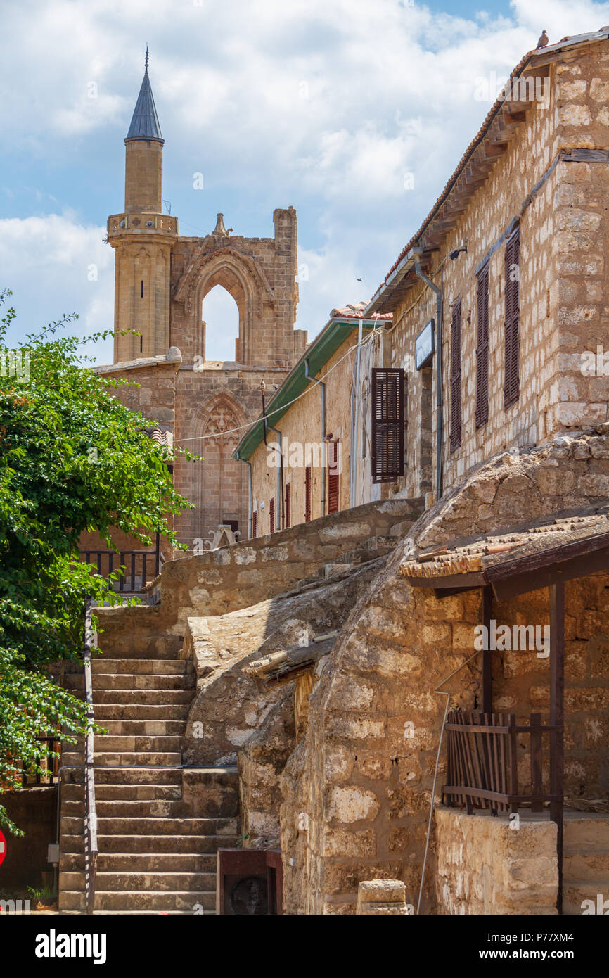 Traditional old buildings in the walled old medieval city of Famagusta ...