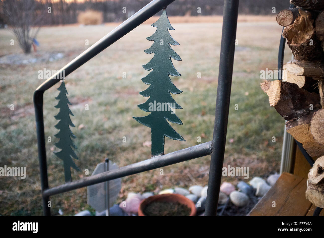 Architectural Close Up of Railing of Outdoor Staircase with Evergreen ...