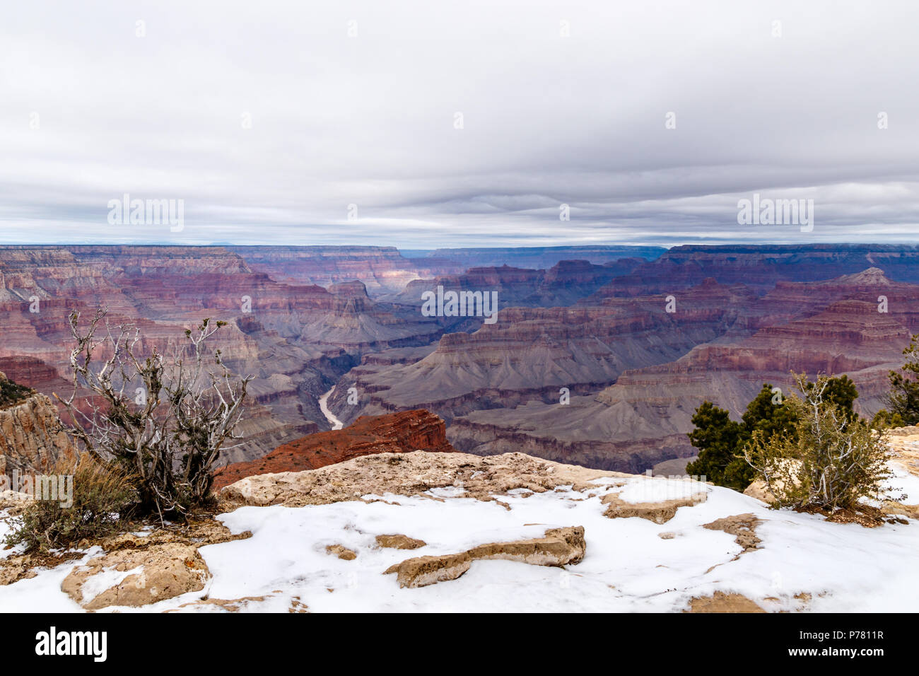 Snow on the Grand Canyon's South Rim, looking westward. The Colorado ...
