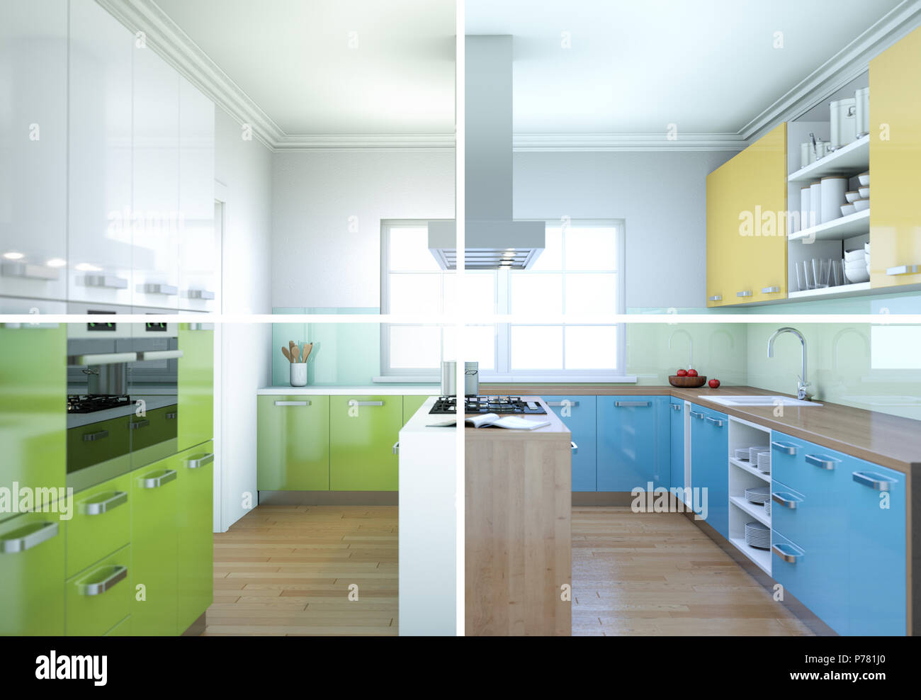 Splitted color variations of a modern kitchen with a beautiful design ...