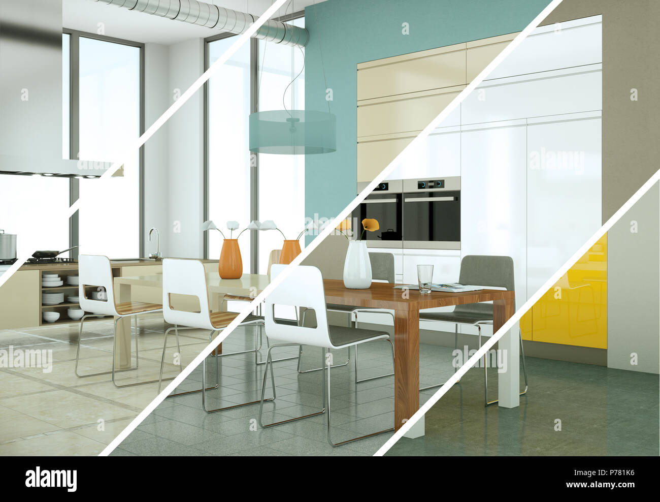 Splitted color variations of a modern kitchen with a beautiful design ...