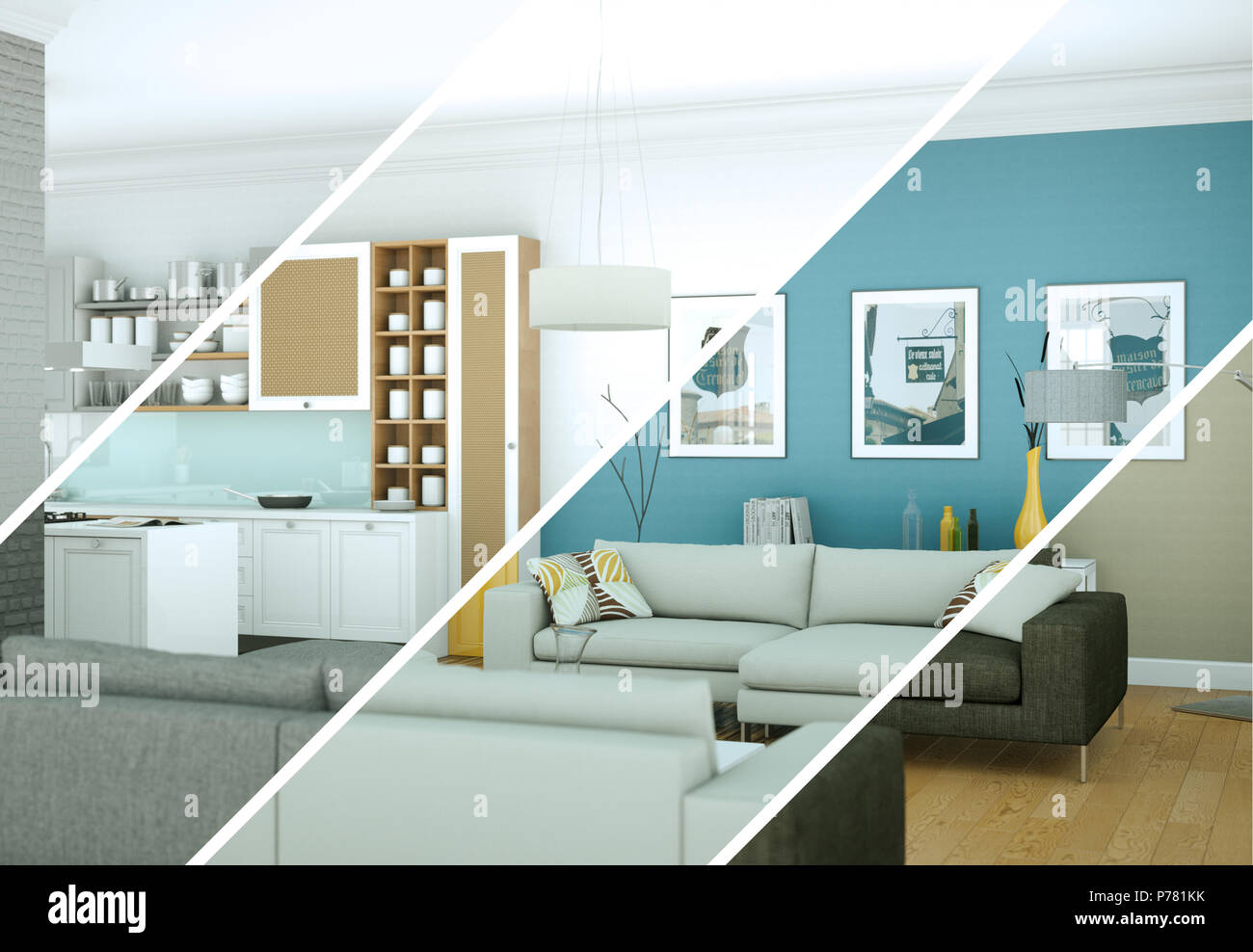 Splitted color variations of a modern loft interior design Stock Photo ...