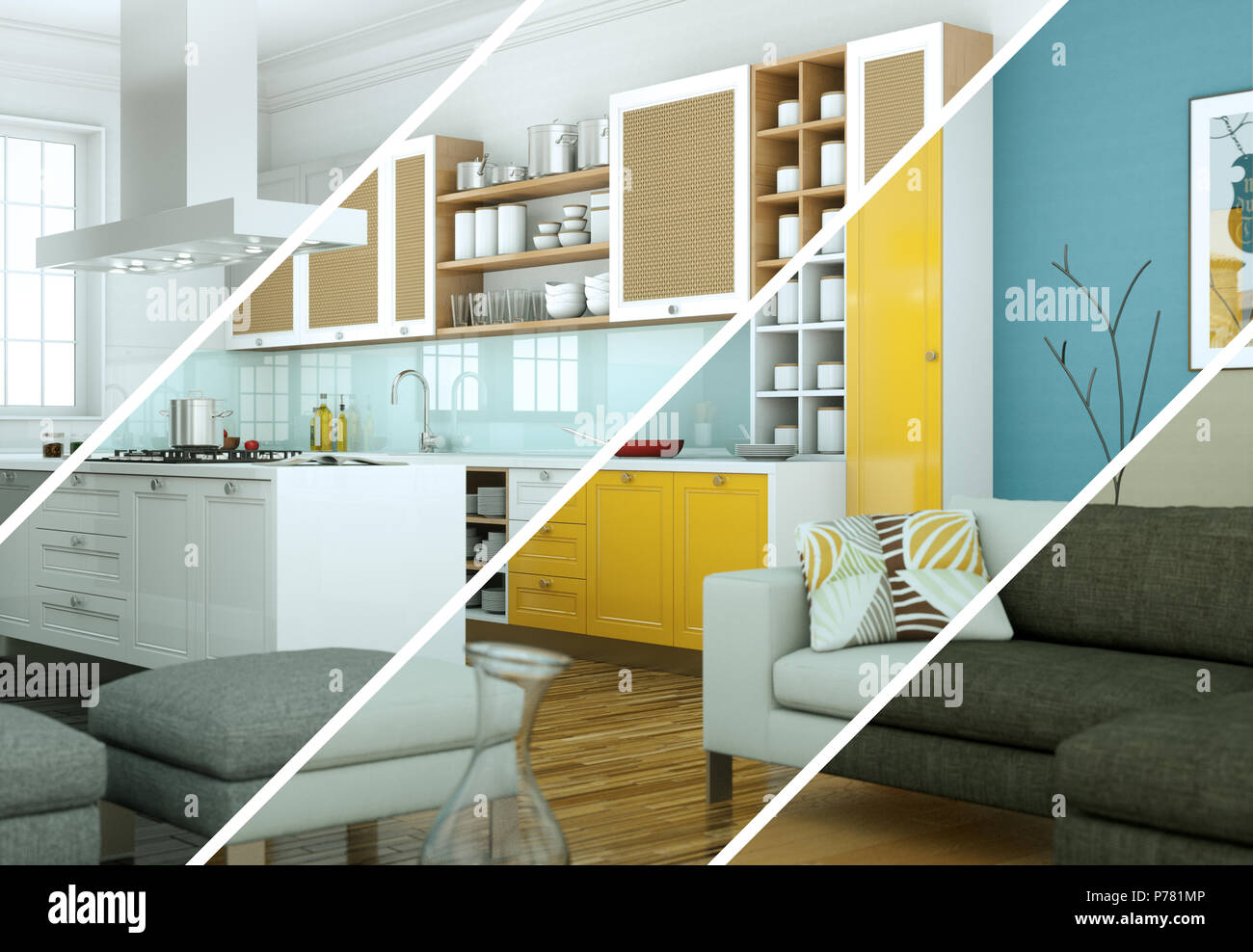Splitted color variations of a modern loft interior design Stock Photo ...