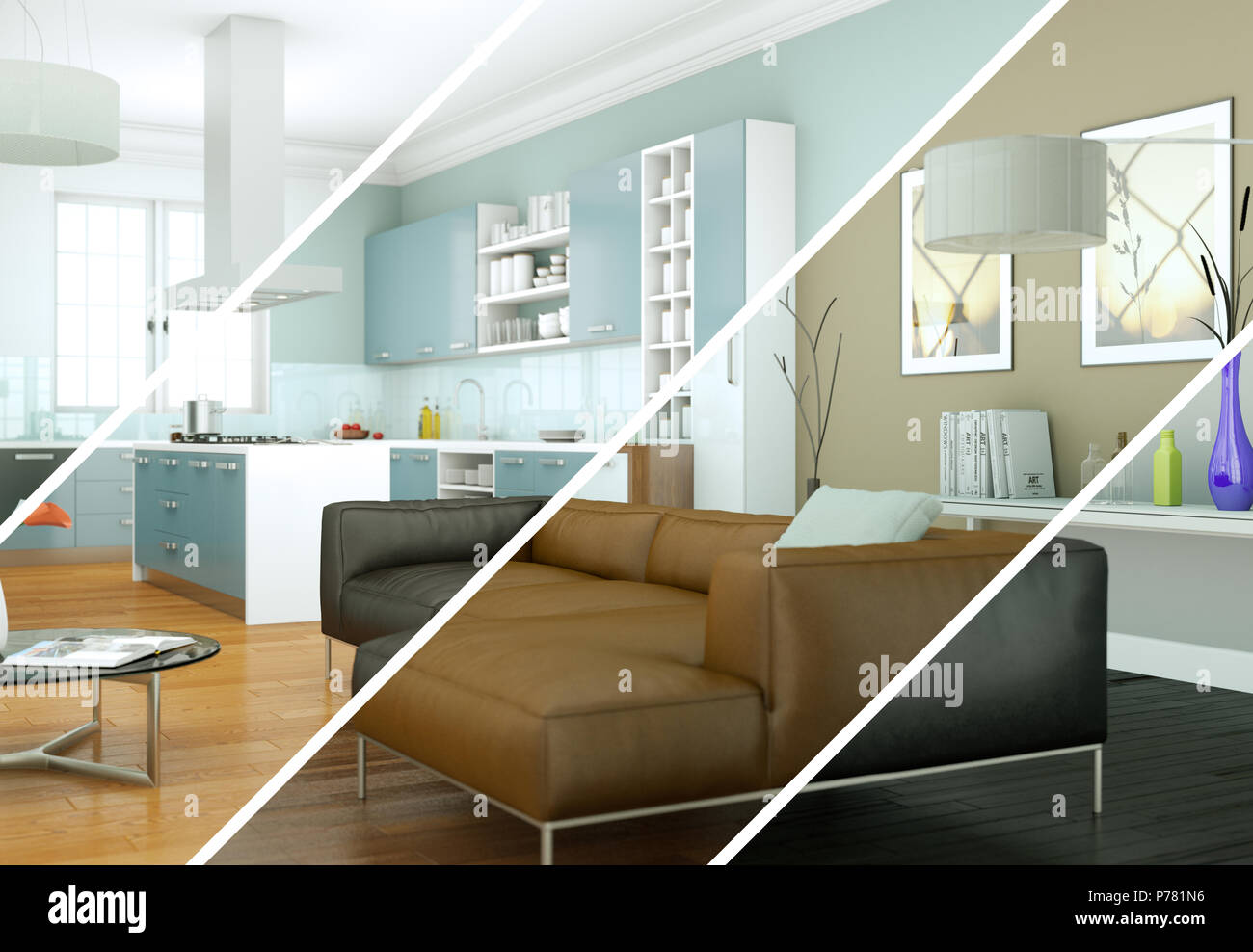 Splitted color variations of a modern loft interior design Stock Photo ...