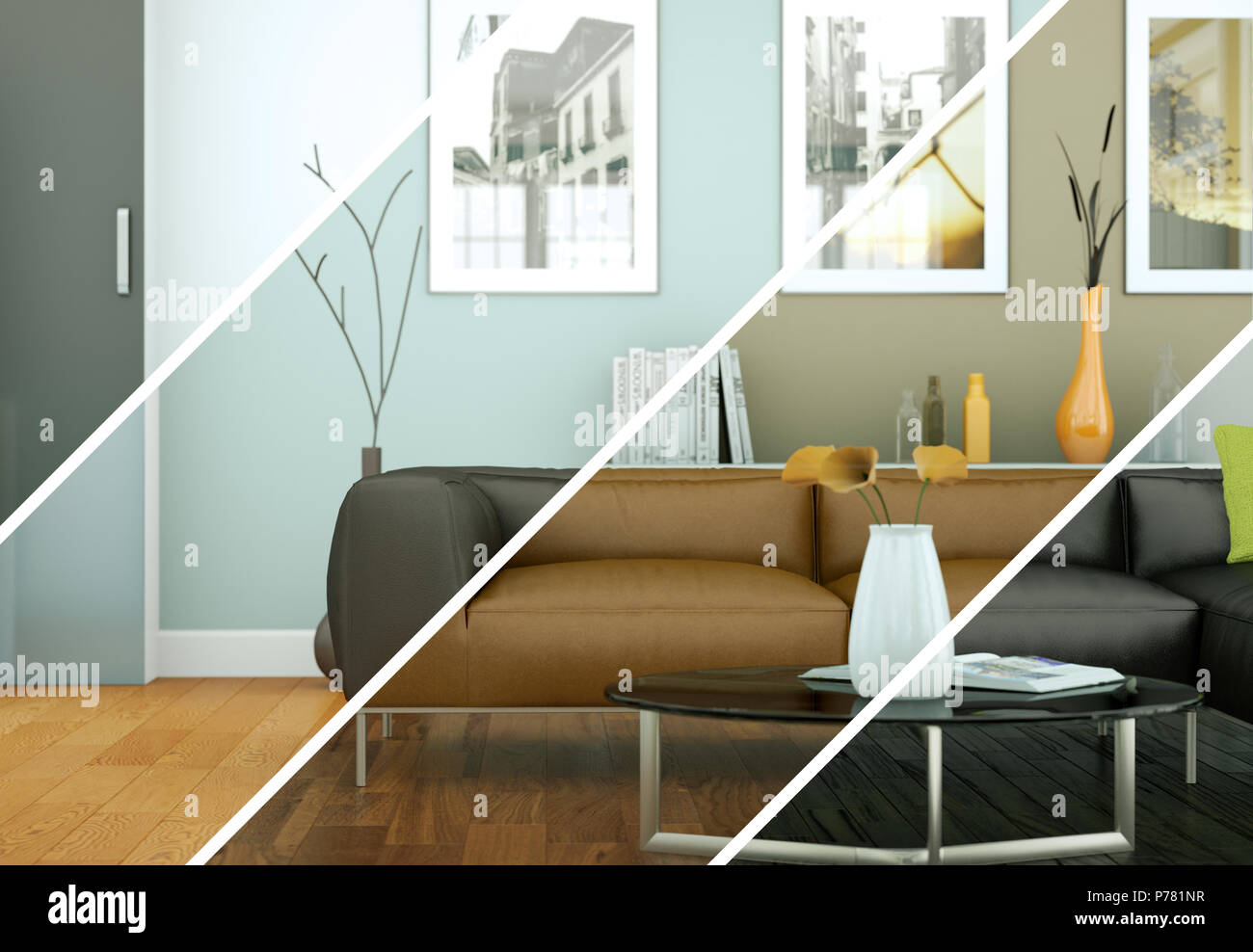 Splitted color variations of a modern loft interior design Stock Photo ...