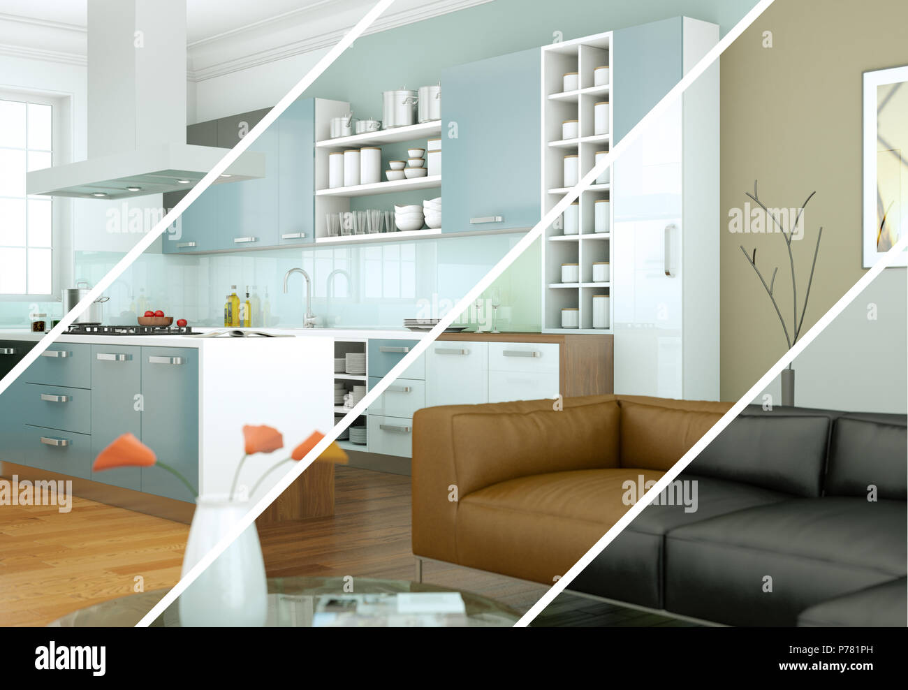 Splitted color variations of a modern loft interior design Stock Photo ...