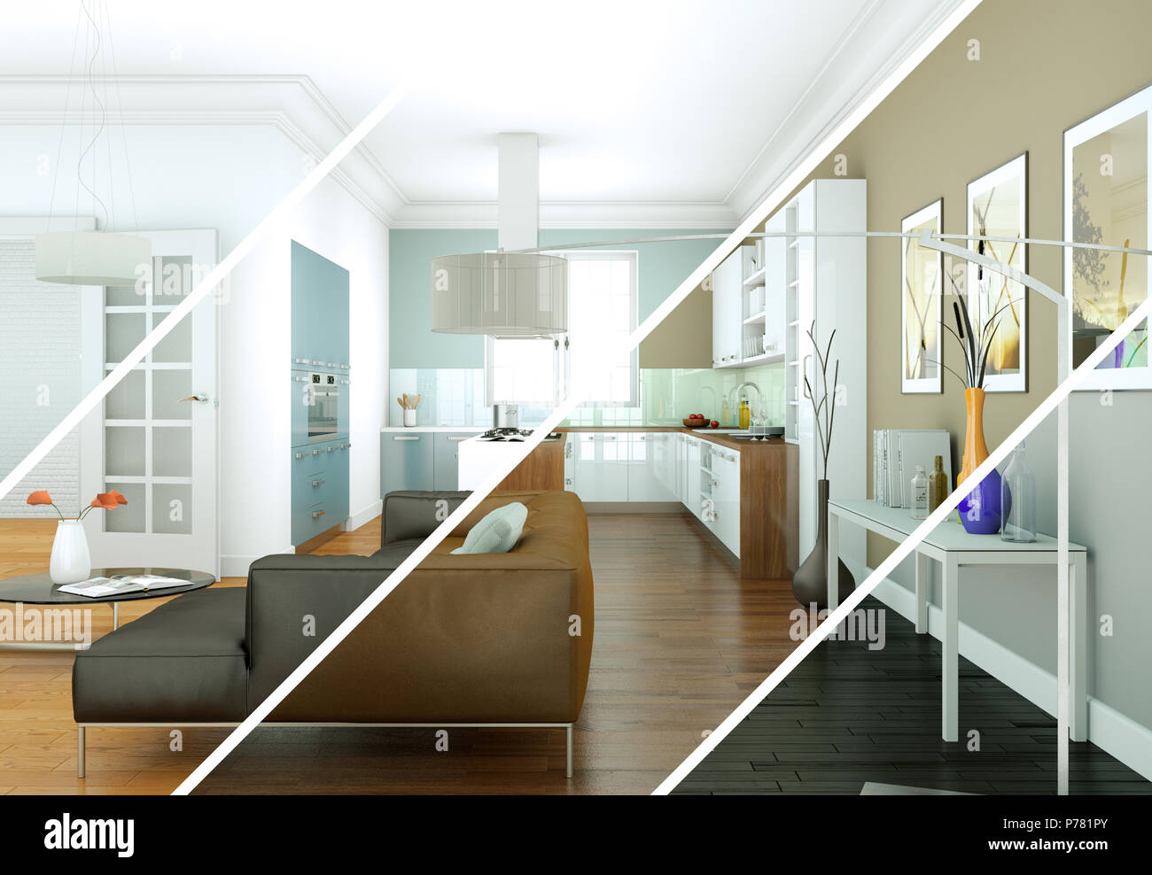 Splitted color variations of a modern loft interior design Stock Photo ...