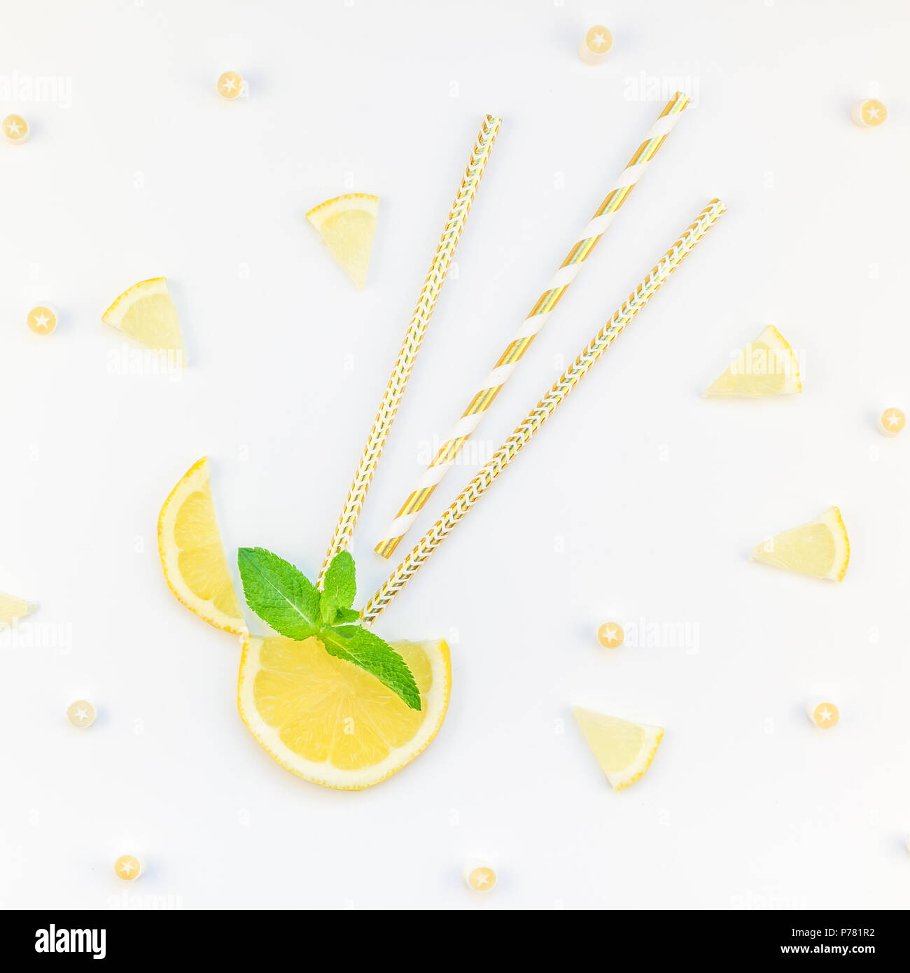 Square flatlay overhead top view citrus lemon slices and mint herbs ...