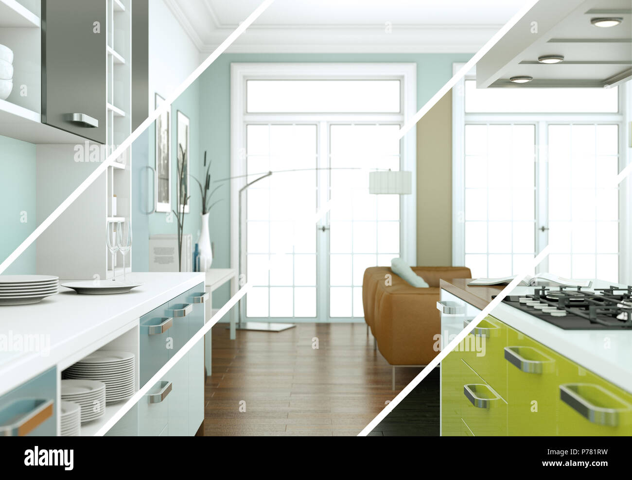 Splitted color variations of a modern kitchen with a beautiful design ...