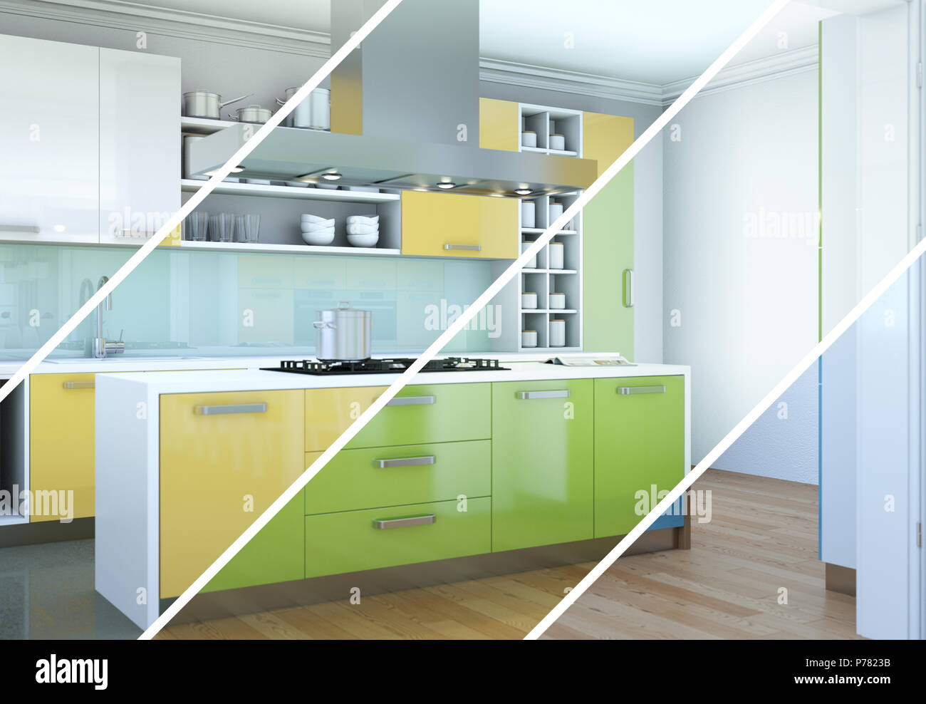 Splitted color variations of a modern kitchen with a beautiful design ...