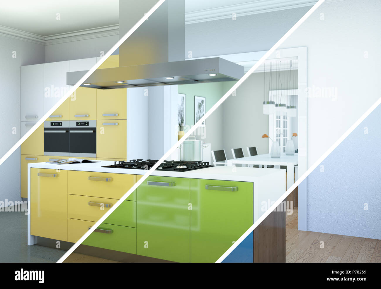 Splitted color variations of a modern kitchen with a beautiful design ...