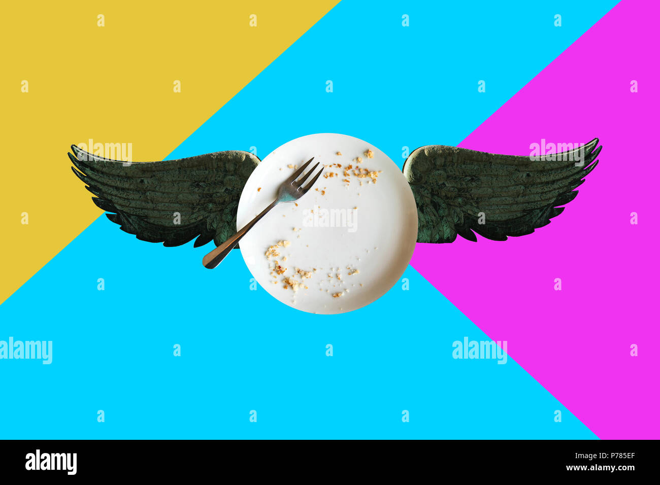 Minimal conceptual illustration of an empty plate with crumbs and wings ...