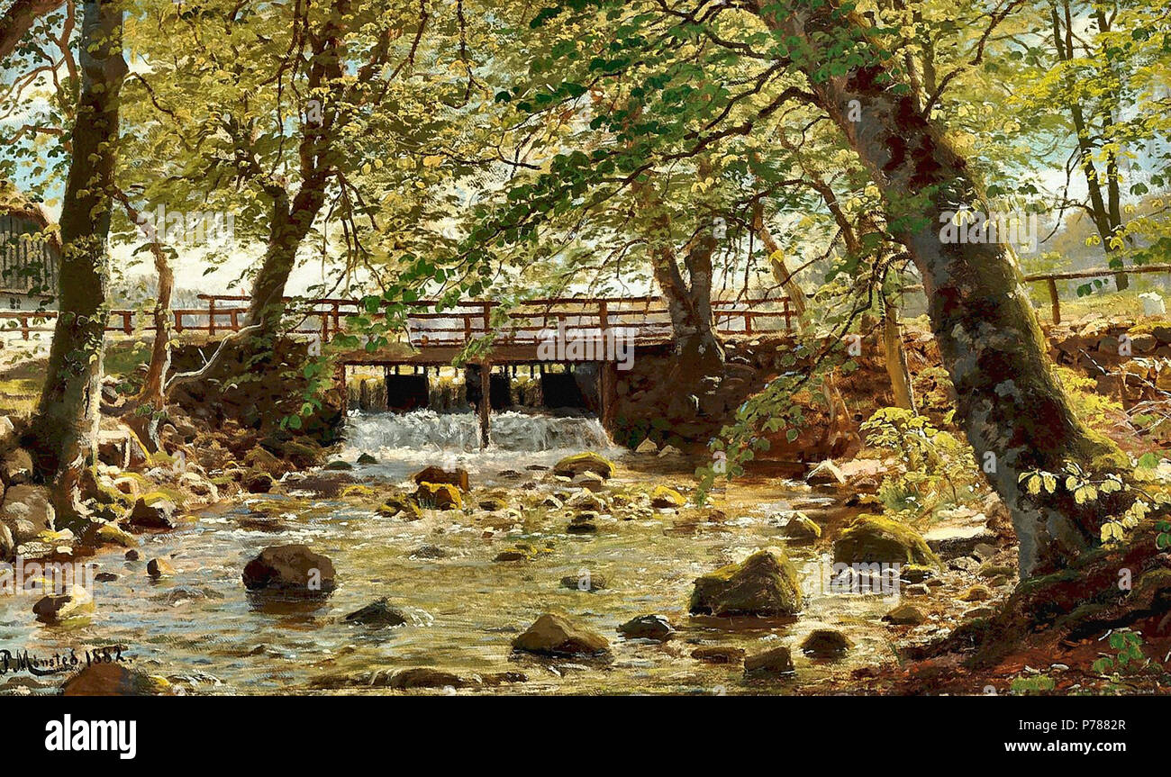Monsted Peder Mork - a Roaring Stream Under a Bridge in the Woods Stock Photo - Alamy