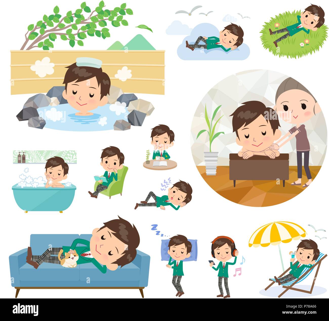A set of School boy about relaxing.There are actions such as vacation ...