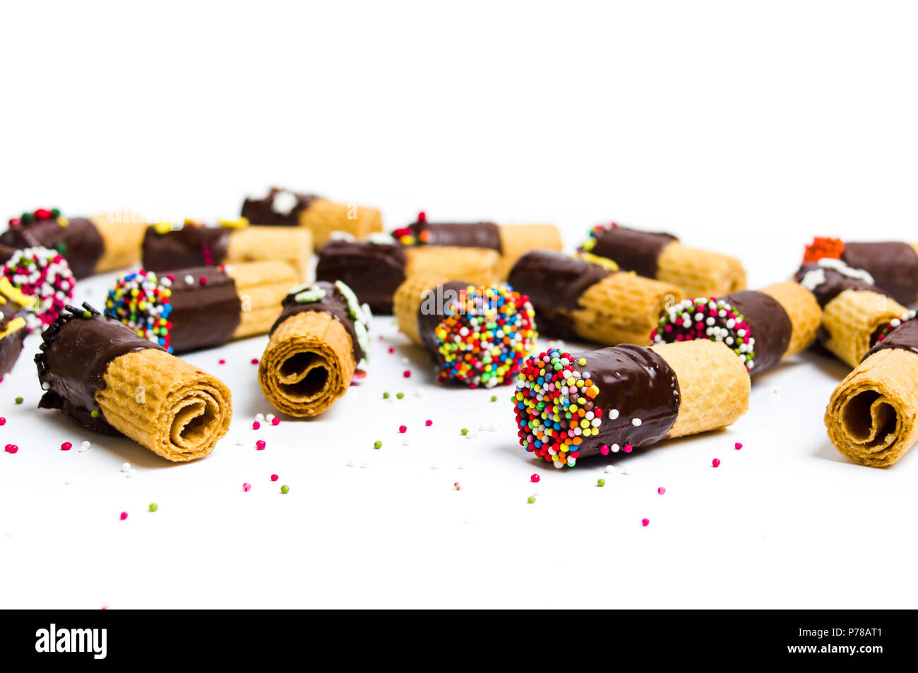 Decorated waffles with chocolate on white background Stock Photo - Alamy