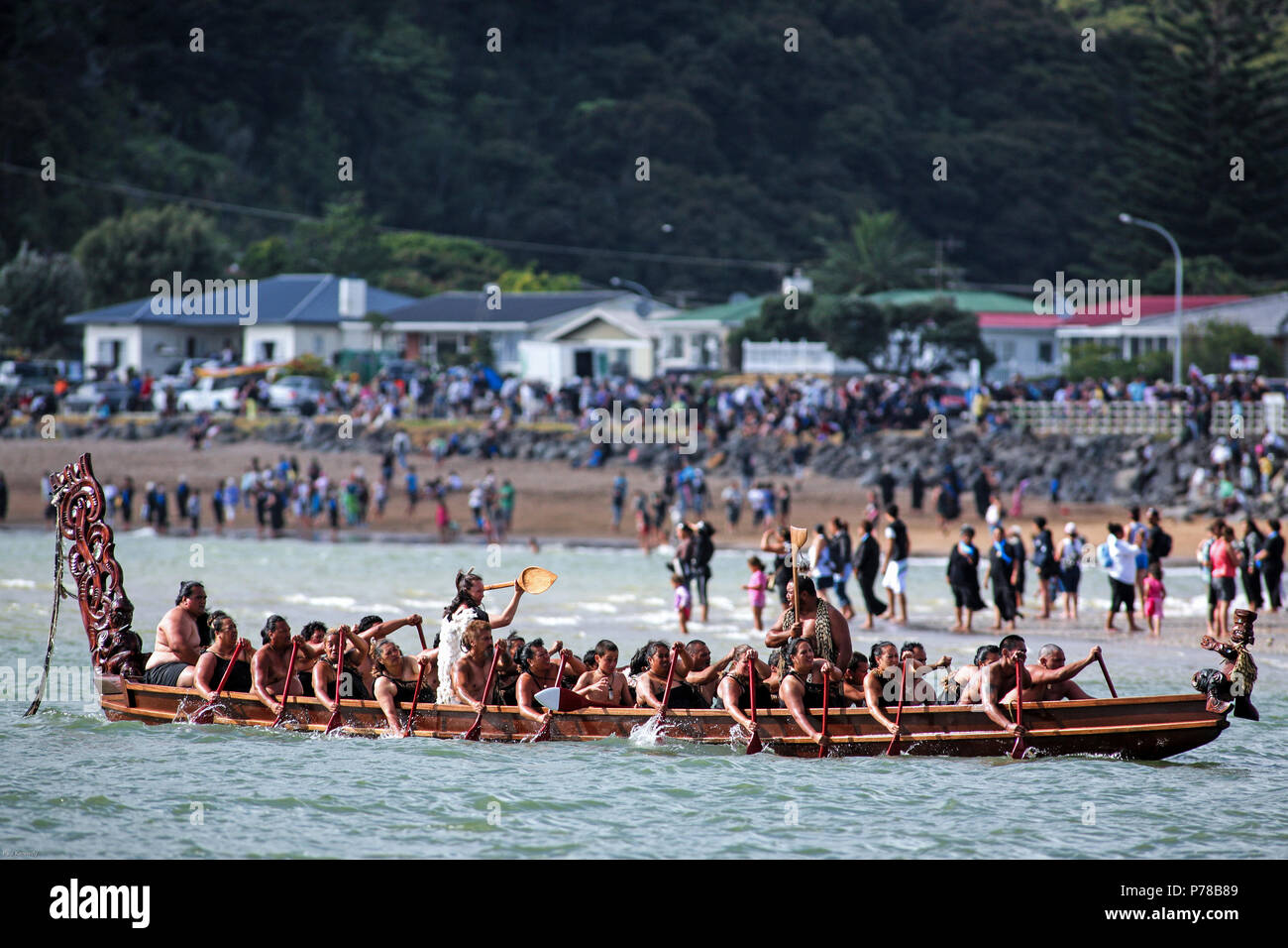Maori waka war canoe during Waitangi Day celebrations in Waitangi, New ...