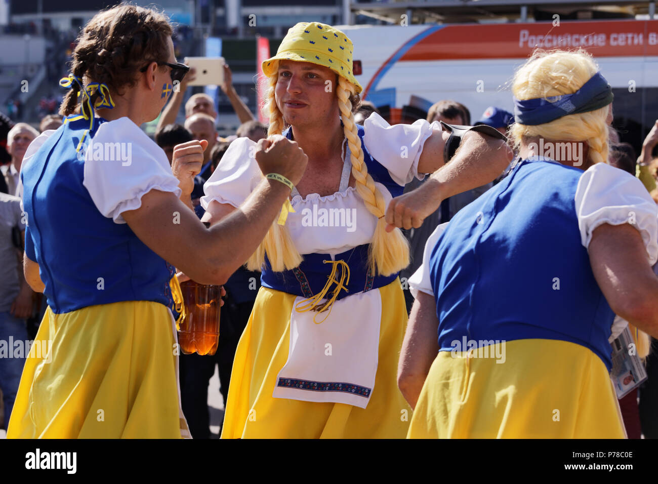 St. Petersburg, Russia - July 3, 2018: Swedish football fans dressed as ...