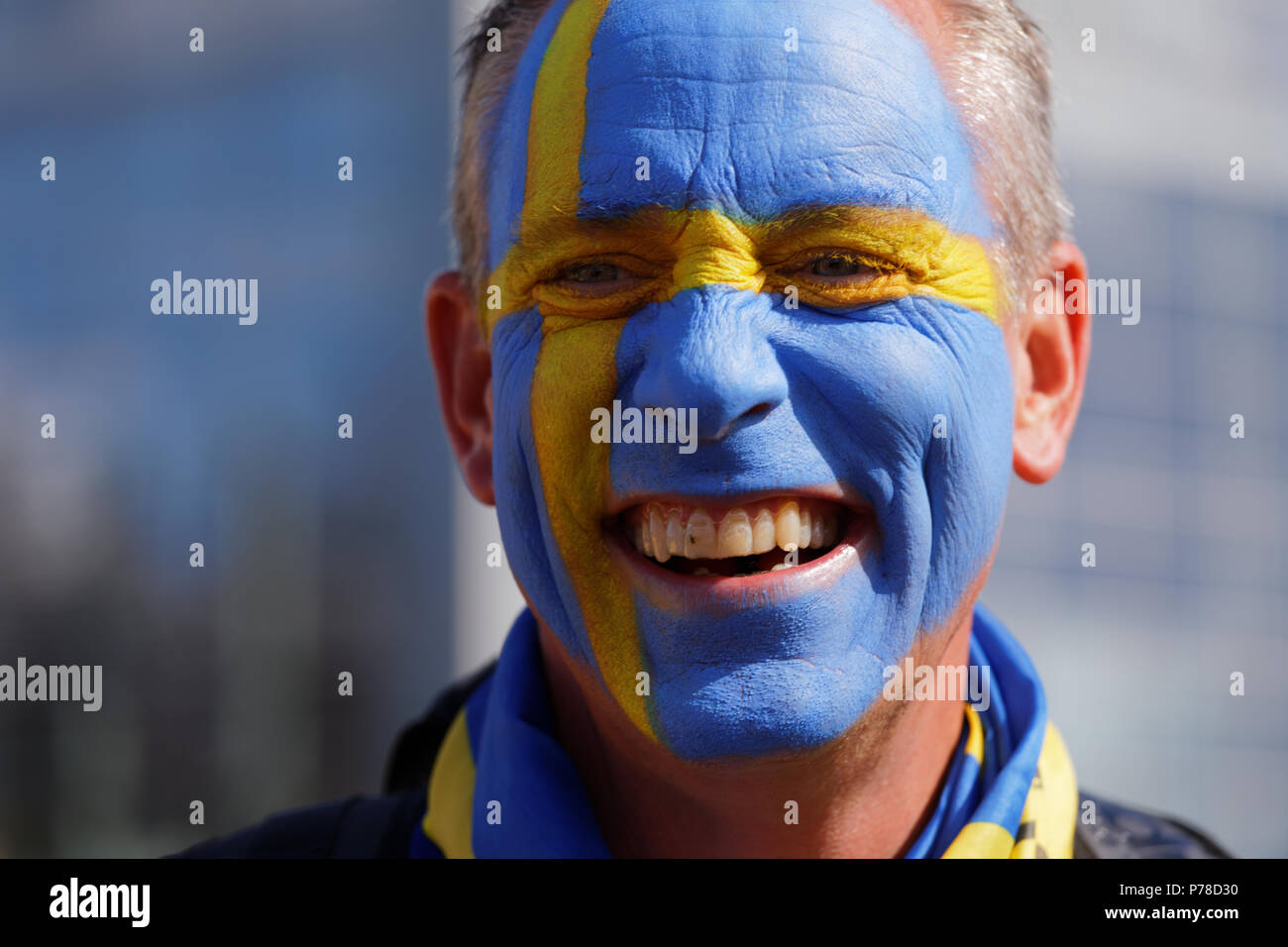 St. Petersburg, Russia - July 3, 2018: Swedish football fans with face ...