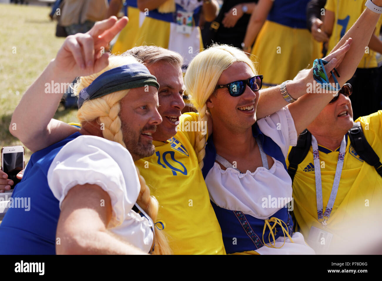 St. Petersburg, Russia - July 3, 2018: Swedish football fans dressed as ...