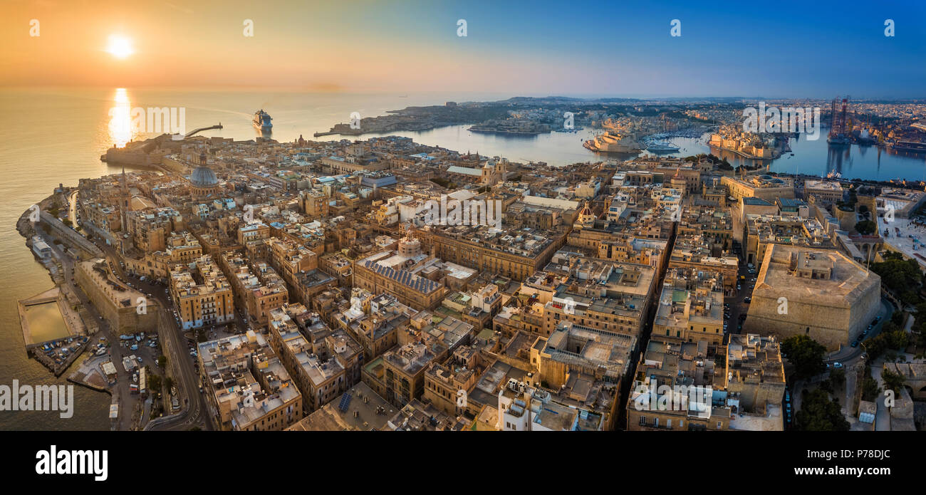 Valletta, Malta - Aerial panoramic skyline view of Valletta at sunrise ...