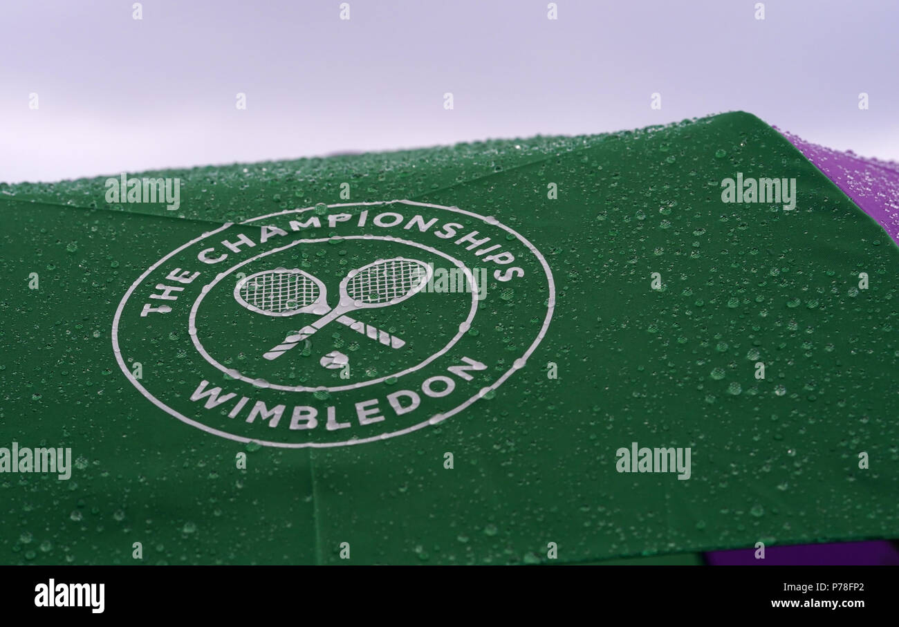 A detailed view of a Wimbledon umbrella on day three of the Wimbledon ...