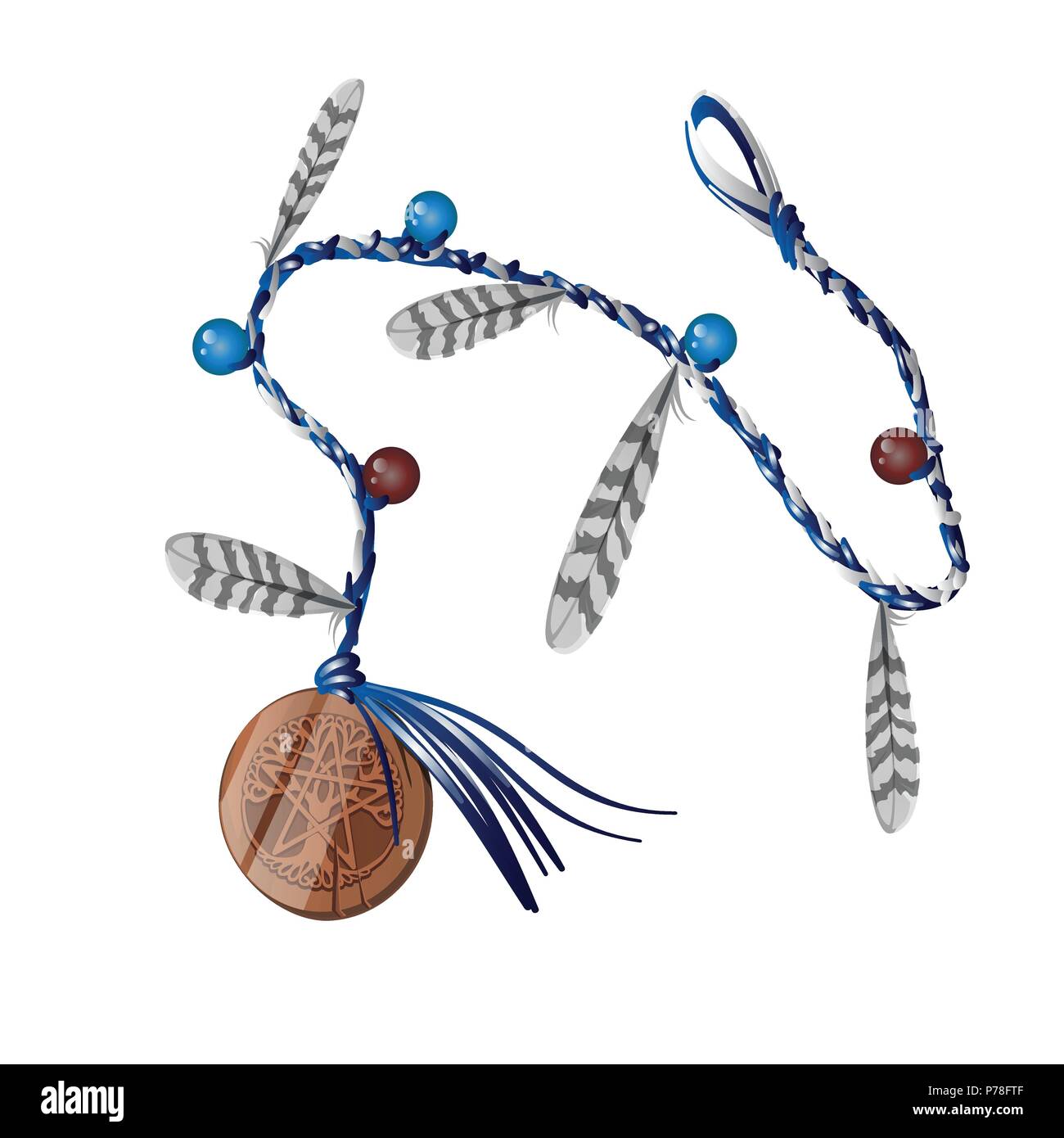 Round pendant made of clay on rope with feathers isolated on white ...
